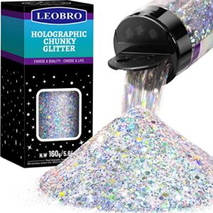 holographic chunky glitter, 160g/5.64oz craft glitter for resin, metallic iridescent chunky fine glitter sequin flake bulk, nail glitter for makeup body face eye, epoxy tumbler, leobro silver glitter