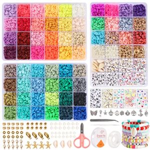 quefe 13000pcs, 60 colors, clay beads for bracelet making kit, flat round polymer heishi beads with letter beads for diy craft gifts, necklace jewelry making, set for girls 8-12