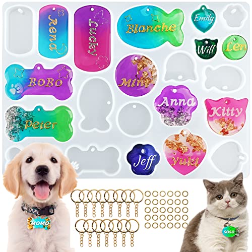 Pet Tag Resin Mold Silicone, Dog Tag Molds for Resin, Dog Bone Cat Shaped Keychain Silicone Resin Molds with 15Pcs Keychains DIY Crafts Making Tag Charm Pendant