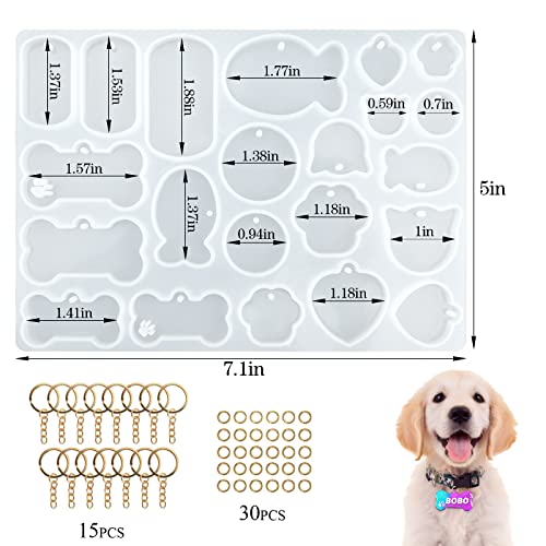 Pet Tag Resin Mold Silicone, Dog Tag Molds for Resin, Dog Bone Cat Shaped Keychain Silicone Resin Molds with 15Pcs Keychains DIY Crafts Making Tag Charm Pendant