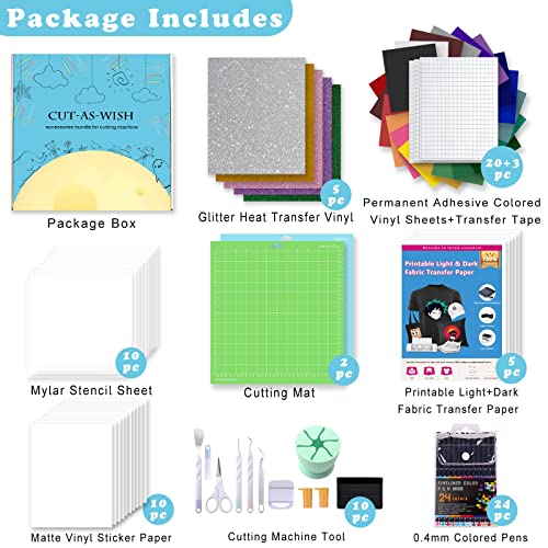 The All-in-One Ultimate Accessories Bundle for Cricut Makers Machine and All Explore Air-89pcs Tools and AccessoriesKit for Beginners with Glitter Htv,Permanent Vinyl,Transfer Tape for Vinyl,Mylar Sheets for Stencils,Vinyl Sticker Paper,Iron on Transfer P