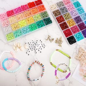 Quefe 6300pcs Clay Heishi Beads with 130pcs Letter Beads, Polymer Flat Round Disc Beads Kit with Elastic String, Pendant, and Jump Rings, for DIY Jewelry Marking Bracelets Necklace, 48 Colors 6mm