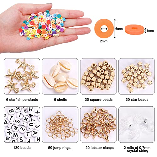 Quefe 6300pcs Clay Heishi Beads with 130pcs Letter Beads, Polymer Flat Round Disc Beads Kit with Elastic String, Pendant, and Jump Rings, for DIY Jewelry Marking Bracelets Necklace, 48 Colors 6mm