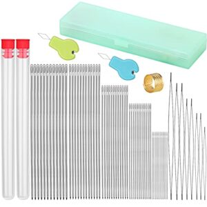 74 pcs beading needles set include 60 pcs long straight beading thread needles + 8 pcs big eye beading needles, embroidery needles with needle bottle, thimble, needle threaders for jewelry making