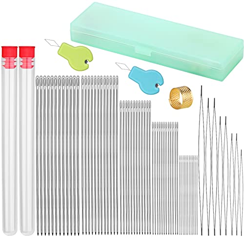 74 Pcs Beading Needles Set Include 60 Pcs Long Straight Beading Thread Needles + 8 Pcs Big Eye Beading Needles, Embroidery Needles with Needle Bottle, Thimble, Needle Threaders for Jewelry Making