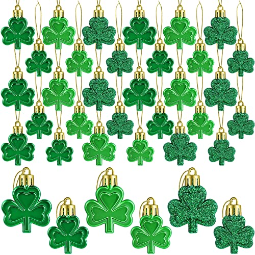 Fovths 36 Pieces 2 Sizes St Patrick's Day Shamrocks Ornament Set 3 Styles Green Good Luck Clover Hanging Bauble for Tree, Table, Party Hanging Decorations