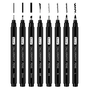 brusarth calligraphy pens,hand lettering pens, calligraphy brush pen set for beginners writing, sketching, scrapbooking, journaling, soft and fine tip, black ink drawing pen set, 8 size