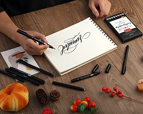 Brusarth Calligraphy Pens,Hand Lettering Pens, Calligraphy Brush Pen set for Beginners Writing, Sketching, Scrapbooking, Journaling, Soft and Fine Tip, Black Ink Drawing Pen Set, 8 Size