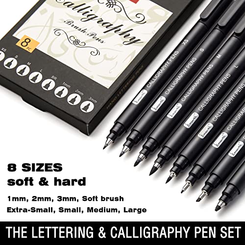 Brusarth Calligraphy Pens,Hand Lettering Pens, Calligraphy Brush Pen set for Beginners Writing, Sketching, Scrapbooking, Journaling, Soft and Fine Tip, Black Ink Drawing Pen Set, 8 Size