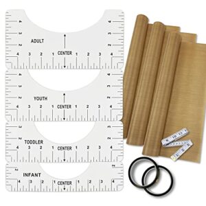 t-shirt alignment ruler heat resistant tape 10mm x 33m 108ft, ptfe teflon transfer sheet 16 x 20″ – 4 rulers, 2 rolls heat resistant tape, 3 packs ptfe teflon sheet and 1 tape measure included