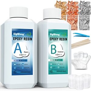 epoxy resin clear crystal coating kit 17.6oz – 2 part casting resin for art, craft, jewelry making, river tables, bonus gloves, measuring cup, wooden sticks, gold foil flakes and tweezers