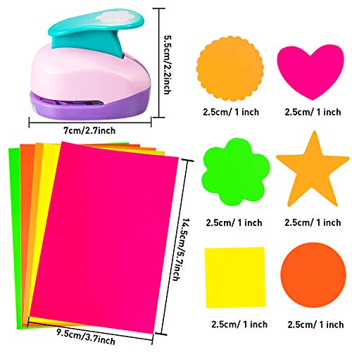 Craft Holes Punch 1 Inch Paper Punchers Scrapbook Punches with Craft Sticker Paper, Round, Star, Square, Heart, Flower, Wave Circle Shape (16 Pieces)