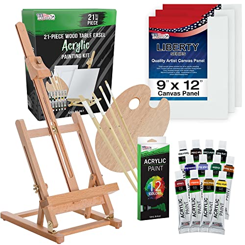 U.S. Art Supply 21-Piece Artist Painting Set with Wooden H-Frame Studio Easel, 12 Vivid Acrylic Paint Colors, 3 Canvas Panels, 4 Brushes, Wood Palette - Fun Kids, School, Students Adults Starter Kit