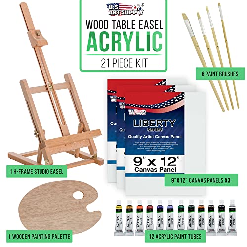 U.S. Art Supply 21-Piece Artist Painting Set with Wooden H-Frame Studio Easel, 12 Vivid Acrylic Paint Colors, 3 Canvas Panels, 4 Brushes, Wood Palette - Fun Kids, School, Students Adults Starter Kit