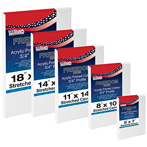 U.S. Art Supply Professional Quality Stretched Canvas, Pack of 5 Rectangular Sizes, 1 Each 5x7, 8x10, 11x14, 14x18, 18x24 Inches - 12-Ounce Primed, 3/4", 100% Cotton - Painting, Acrylic Pouring, Oil