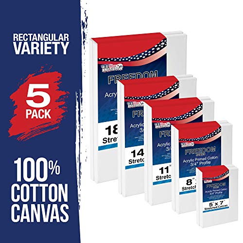 U.S. Art Supply Professional Quality Stretched Canvas, Pack of 5 Rectangular Sizes, 1 Each 5x7, 8x10, 11x14, 14x18, 18x24 Inches - 12-Ounce Primed, 3/4", 100% Cotton - Painting, Acrylic Pouring, Oil