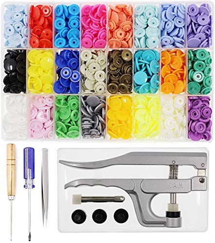 KAM Snaps Buttons + Snap Pliers, Starter Fasteners Kit, 384 Sets 24-Colors, Size 20 T5 KAM Snap Plastic Fasteners Punch Poppers Closures No-Sew Buttons for Crafts Cloth Diaper Bibs