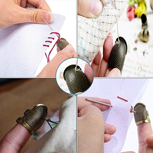 Quadow 4 Pieces Sewing Thimble, Metal Copper Sewing Thimble Finger Protector Adjustable Finger Shield Ring Fingertip Thimble Sewing Quilting Craft Accessories DIY Sewing Tools(