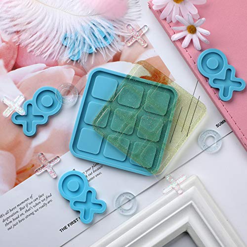 Tic Tac Toe Resin Mold with 4 Chess Pieces Molds,DECYOOL X O Board Game Silicone Molds for Resin Casting,DIY Tabletop Board Game