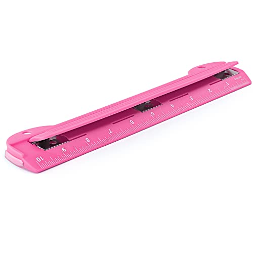 3 Hole Punch Pink, Portable Hole Puncher for 3 Ring Binder, 5 Sheets Capacity, Removable Chip Tray, 10” Ruler for School, Office, Also Available in Purple, Blue, Green, Red, Grey, 1 Pc-by Enday