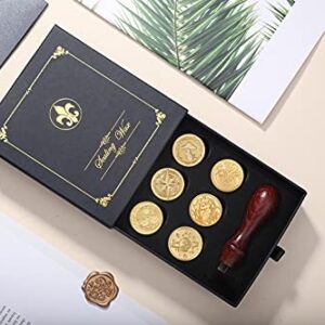 Wax Seal Stamp Gift Box Set, 6 Pcs Sealing Wax Stamps Copper Seals 1 Wooden Hilt, Wax Stamp Kit for Cards Envelopes, Gift Packaging (Vast Universe Series)