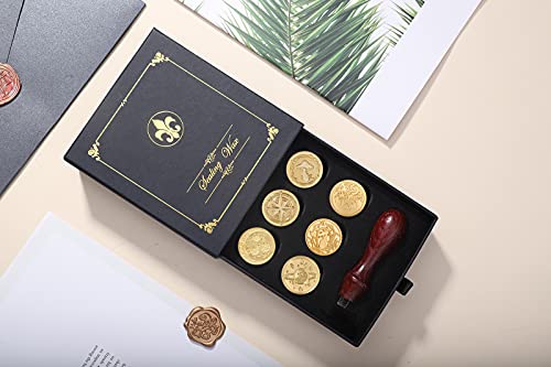 Wax Seal Stamp Gift Box Set, 6 Pcs Sealing Wax Stamps Copper Seals 1 Wooden Hilt, Wax Stamp Kit for Cards Envelopes, Gift Packaging (Vast Universe Series)