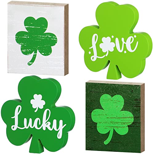 4 Pcs St. Patrick's Day Table Sign Decoration Green Shamrock Lucky Sign Wooden Saint Patrick's Day Tray Decor Centerpiece Irish Freestanding Decorative Plaques Cute Table Topper for Home Party Office