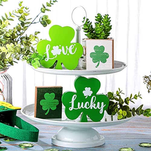 4 Pcs St. Patrick's Day Table Sign Decoration Green Shamrock Lucky Sign Wooden Saint Patrick's Day Tray Decor Centerpiece Irish Freestanding Decorative Plaques Cute Table Topper for Home Party Office