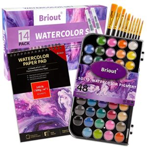 briout watercolor paint set, 48 colors watercolor with 10 paint brushes,2 refillable water brush pen, 12 sheets of profesionales watercolor paper pad,water colors for adults,kids and beginners