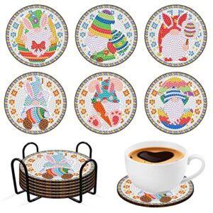 6 pcs diamond painting coasters kit, easter diamond painting coasters with holder, diy diamond art kits for adults kids 5d diamond painting coasters for easter home decor