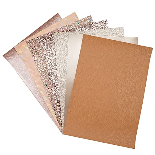 7 Pieces/Set 8x12 Inch (21cmx30cm) A4 Bundle Leather Sheets Mixed Rose Gold Series Sparkle Fine Chunky Glitter Patent Litchi Holographic Faux Leather Fabric for Bow Earring Making DIY Craft