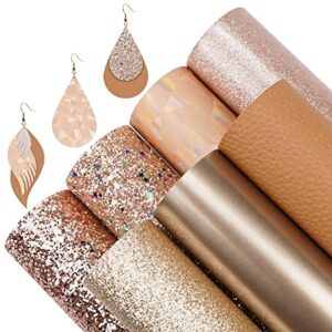 7 Pieces/Set 8x12 Inch (21cmx30cm) A4 Bundle Leather Sheets Mixed Rose Gold Series Sparkle Fine Chunky Glitter Patent Litchi Holographic Faux Leather Fabric for Bow Earring Making DIY Craft