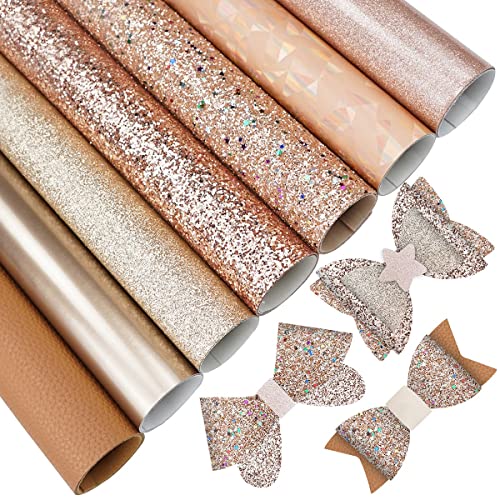 7 Pieces/Set 8x12 Inch (21cmx30cm) A4 Bundle Leather Sheets Mixed Rose Gold Series Sparkle Fine Chunky Glitter Patent Litchi Holographic Faux Leather Fabric for Bow Earring Making DIY Craft