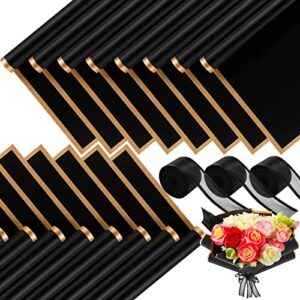 mimorou 60 pcs pure color gold edge flower wrapping paper waterproof translucent bouquet packaging paper florist bouquet supplies for valentine’s day wedding diy crafts gift (black)