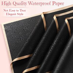 Mimorou 60 Pcs Pure Color Gold Edge Flower Wrapping Paper Waterproof Translucent Bouquet Packaging Paper Florist Bouquet Supplies for Valentine's Day Wedding DIY Crafts Gift (Black)