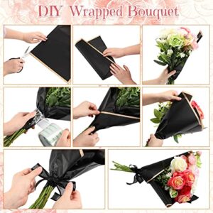 Mimorou 60 Pcs Pure Color Gold Edge Flower Wrapping Paper Waterproof Translucent Bouquet Packaging Paper Florist Bouquet Supplies for Valentine's Day Wedding DIY Crafts Gift (Black)