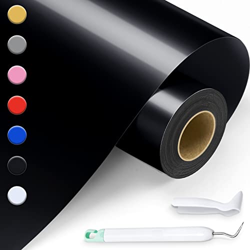 12" x 13FT Black Adhesive Vinyl - Glossy Black Permanent Vinyl with Weeder, Adhesive Vinyl Roll for Cricut & Other Cutters, PET Backing Never Residue Easier Weed Waterproof Vinyl Home Decor Car Decal