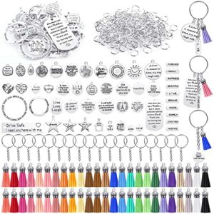 350pcs motivational keychain accessories set with 50 engraved inspirational words charms, 50 leather keychain tassels, 50 keyring with chain, 200 open jump rings for keychain making, diy crafting