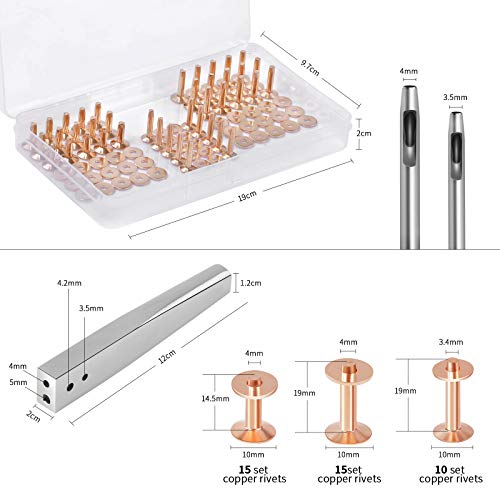 JUNESunShine 84Pcs, Copper Rivets and Burrs, 9 and #12 Burrs Setter, Leather Rivets Fastener Install Setting Tool with 4mm Leather Hole Punch Cutter for Belts Wallets Collars Leather Working Supplies