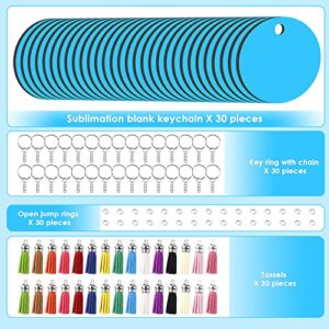 HTVRONT Sublimation Keychain Blanks Bulk - 120Pcs Sublimation Blanks Keychain with Blue Protective Film - MDF Round Keychain with Tassels - Heat Transfer Keychain Blanks Double Sided