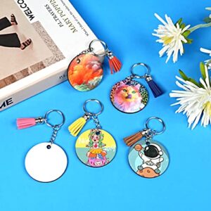 HTVRONT Sublimation Keychain Blanks Bulk - 120Pcs Sublimation Blanks Keychain with Blue Protective Film - MDF Round Keychain with Tassels - Heat Transfer Keychain Blanks Double Sided