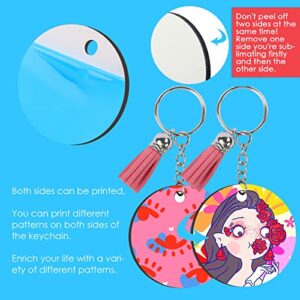 HTVRONT Sublimation Keychain Blanks Bulk - 120Pcs Sublimation Blanks Keychain with Blue Protective Film - MDF Round Keychain with Tassels - Heat Transfer Keychain Blanks Double Sided