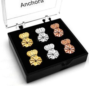 anchora original magic earring backs for droopy ears | earring lifters for heavy earring | earing lifter backs bax | earlobe secure clear miracle (1 gold 1 rose 1 silver)