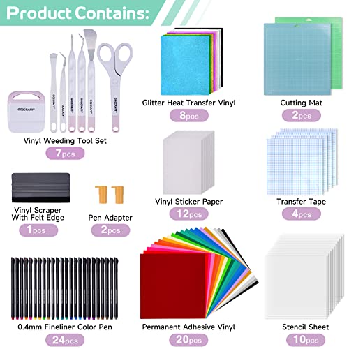 GO2CRAFT Accessories Bundle for Cricut Makers and All Explore Air,90Pcs Ultimate Tools and Accessories with Adhesive Vinyl Sheets, Weeding Tools Bundle, Transfer Vinyl, Cricut Starter Kit for Perfect Crafting Projects