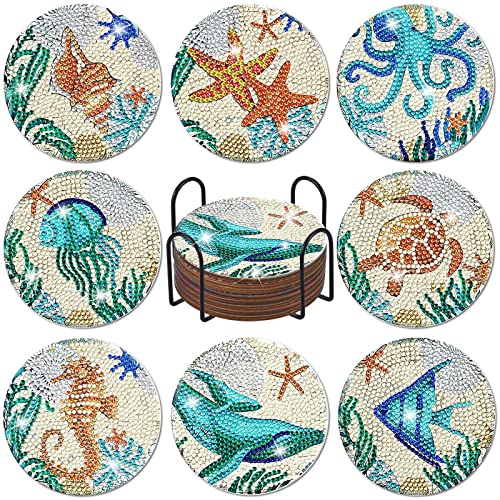 Finphoon Diamond Painting Coasters Kit with Holder, 8 Pcs DIY Diamond Painting Ocean Art Coasters Kit, Diamond Painting Art Kits for Adults Kids