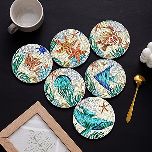 Finphoon Diamond Painting Coasters Kit with Holder, 8 Pcs DIY Diamond Painting Ocean Art Coasters Kit, Diamond Painting Art Kits for Adults Kids