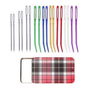 12 pieces yarn needle, tapestry needle bent embroidery needles bent tip needles, and 6 pieces large-eye blunt needles with iron box for knitting crochet (random color)