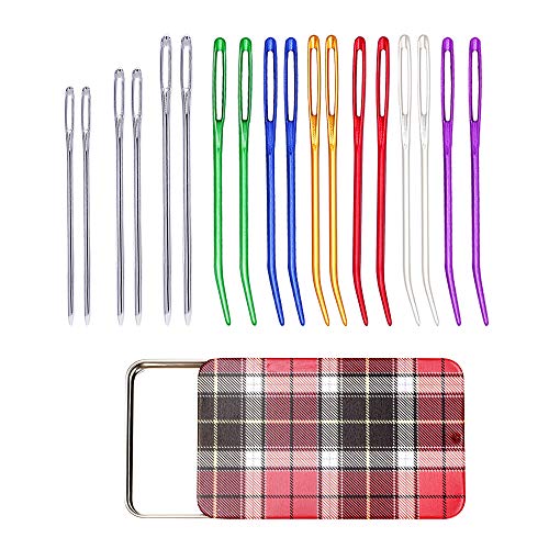 12 Pieces Yarn Needle, Tapestry Needle Bent Embroidery Needles Bent Tip Needles, and 6 Pieces Large-Eye Blunt Needles with Iron Box for Knitting Crochet (Random Color)