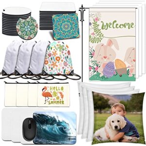 44pcs sublimation blanks products set, diy sublimation blanks with car coaster, mouse pad, pillow covers, garden flag, makeup bag, drawstring bag for sublimation transfer heat press printing crafts.