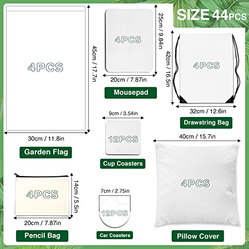 44Pcs Sublimation Blanks Products Set, DIY Sublimation Blanks with Car Coaster, Mouse Pad, Pillow Covers, Garden Flag, Makeup Bag, Drawstring Bag for Sublimation Transfer Heat Press Printing Crafts.